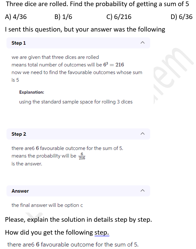 Solved Three dice are rolled. Find the probability of | Chegg.com
