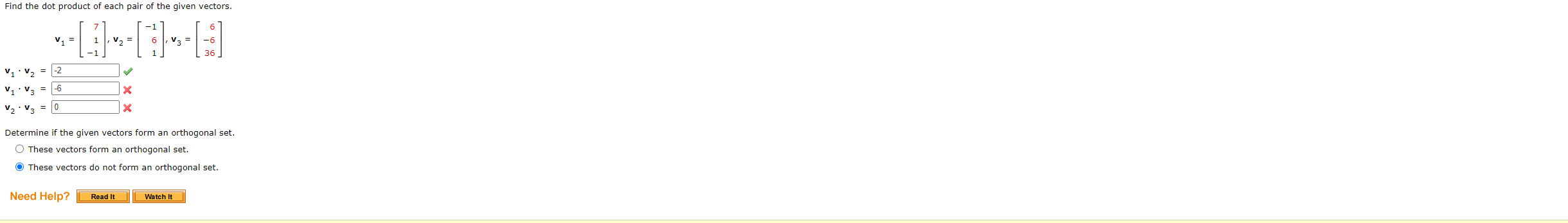 Solved Find the dot product of each pair of the given | Chegg.com