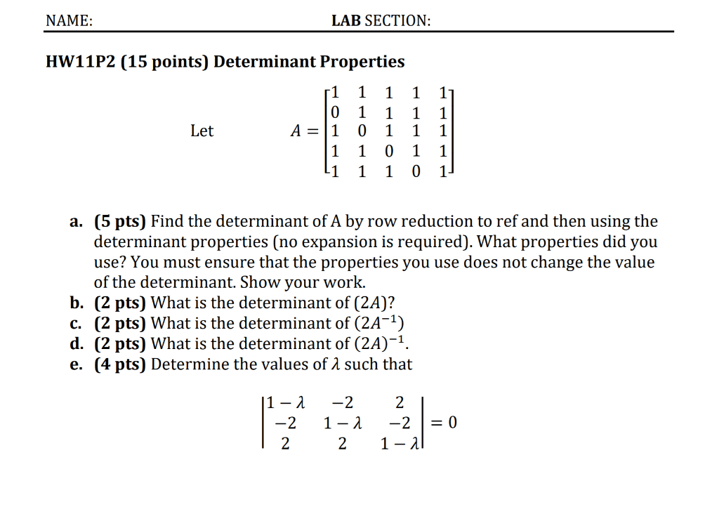 Solved NAME: LAB SECTION: HW11P2 (15 points) Determinant | Chegg.com