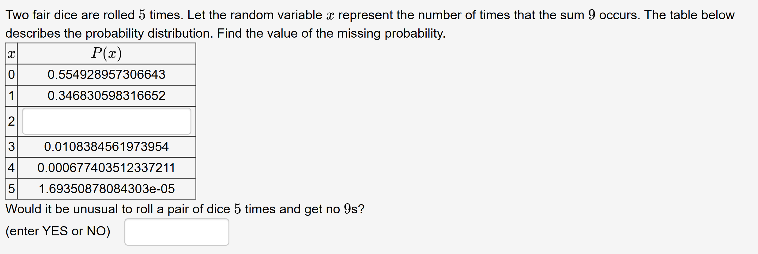 Solved Two fair dice are rolled 5 times. Let the random | Chegg.com