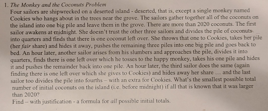 Solved 1. The Monkey and the Coconuts Problem Four sailors | Chegg.com