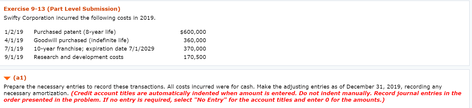 Solved Exercise 9-13 (Part Level Submission) Swifty | Chegg.com