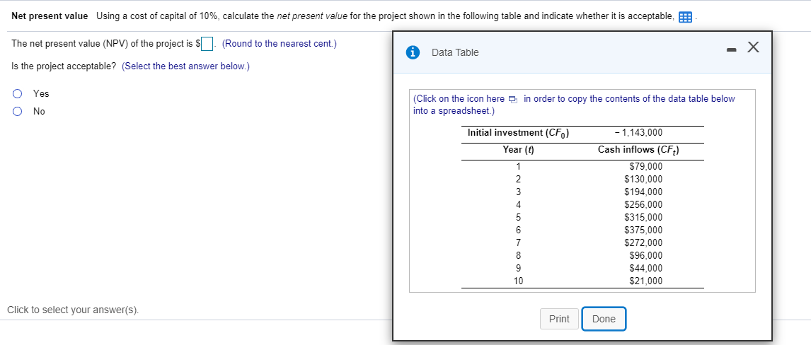 Solved Net present value Using a cost of capital of 10%, | Chegg.com