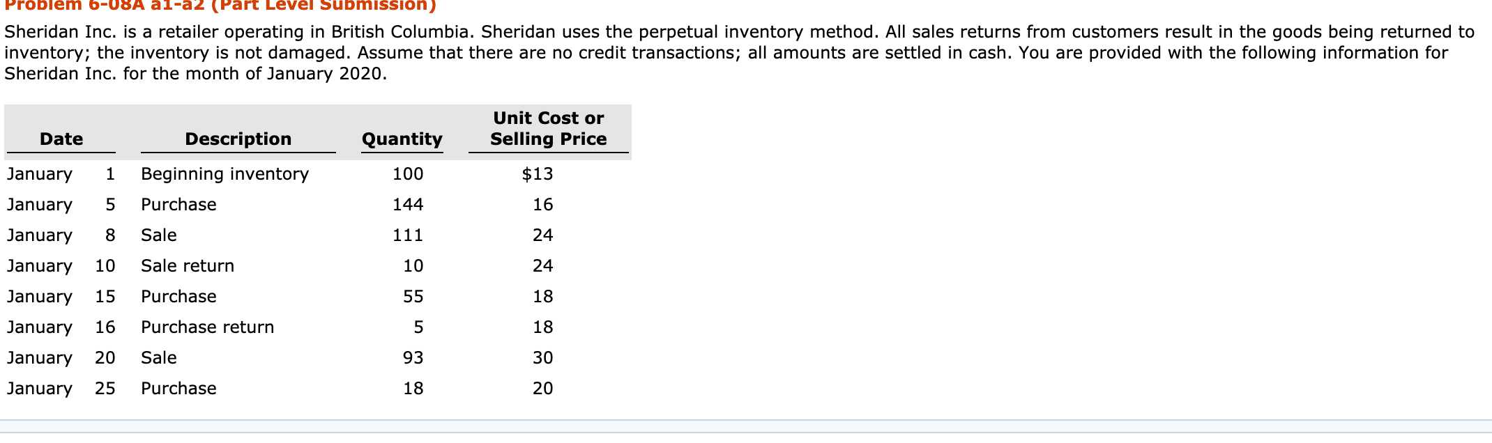 Solved Problem 6-08A al-a2 (Part Level Submission) Sheridan | Chegg.com