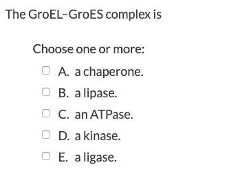 Solved The GroEL-GroES complex is Choose one or more: A. a | Chegg.com