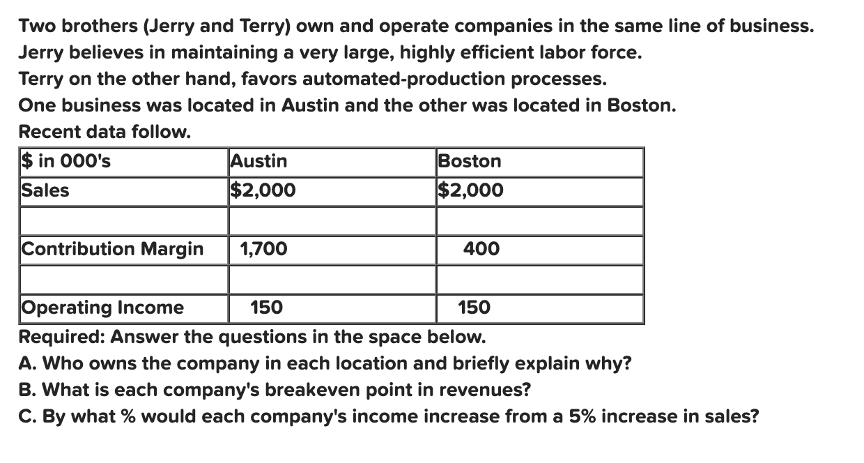 Solved Two brothers (Jerry and Terry) own and operate | Chegg.com