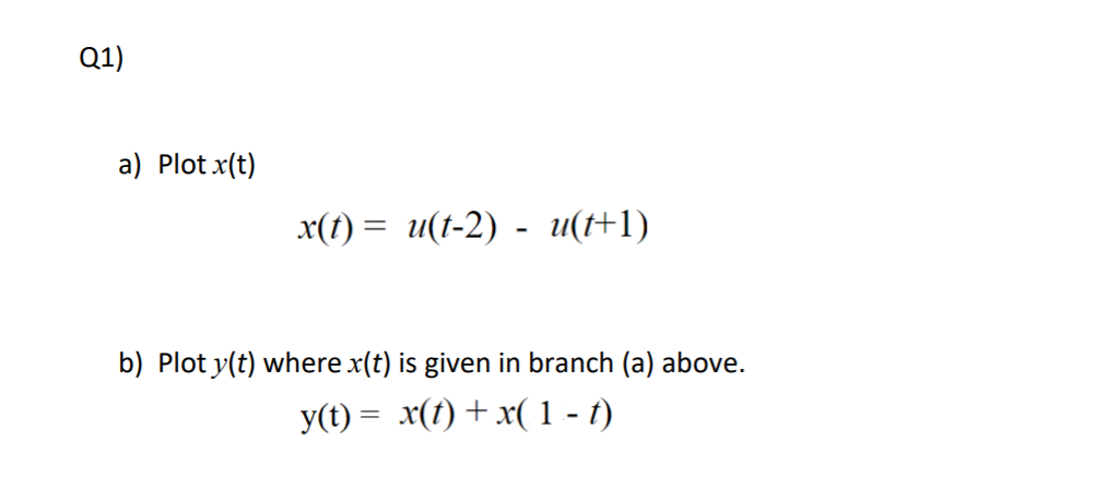 Solved Q1) a) Plot x(t) x(t) = u(t-2) - u(t+1) b) Plot y(t) | Chegg.com