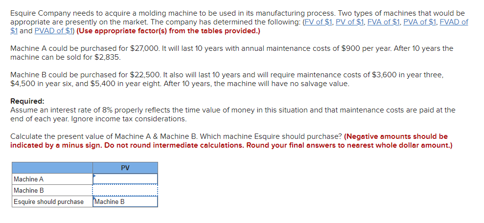 Solved Esquire Company needs to acquire a molding machine to | Chegg.com