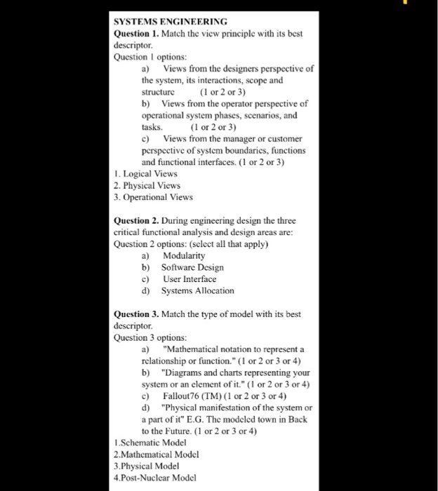 Solved SYSTEMS ENGINEERING Question 1. Match the view | Chegg.com
