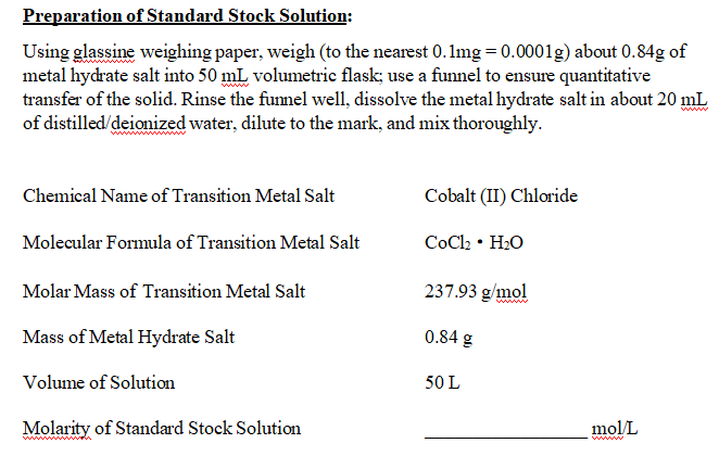 Solved Preparation of Standard Stock Solution: Using | Chegg.com