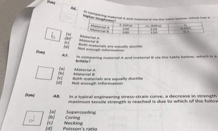 Solved In Comparing material A and material B via the table | Chegg.com