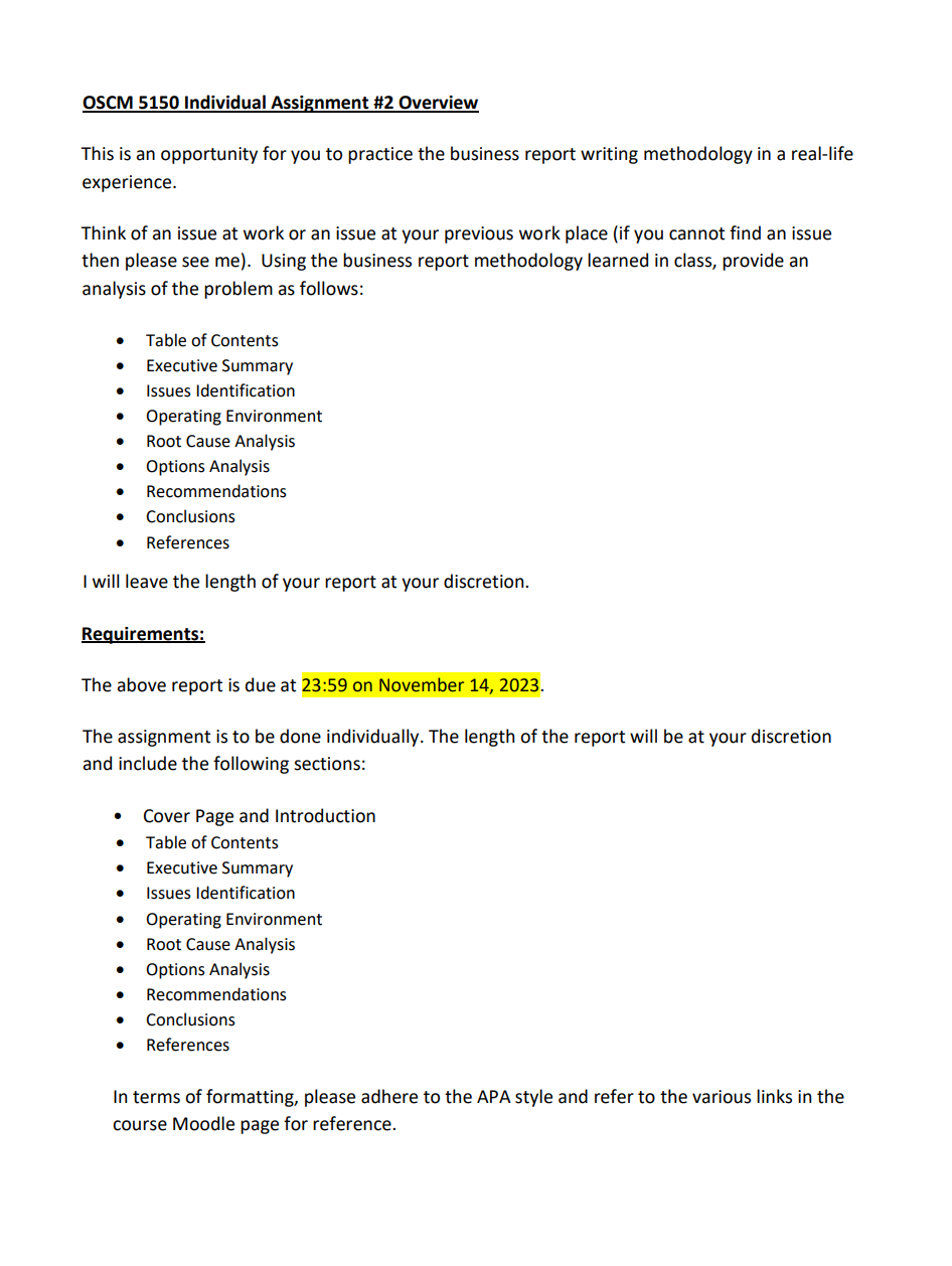 Solved OSCM 5150 Individual Assignment \#2 Overview This is | Chegg.com