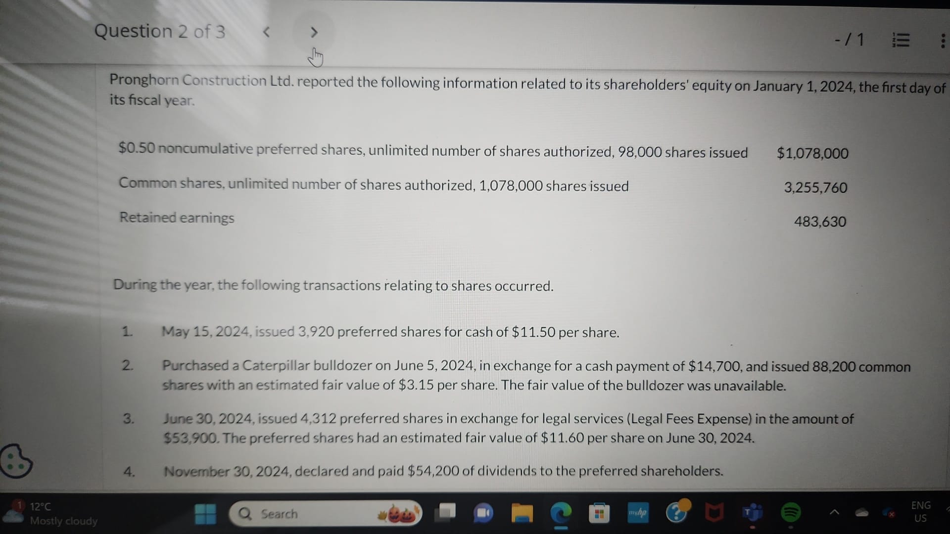 Solved Pronghorn Construction Ltd. reported the following | Chegg.com
