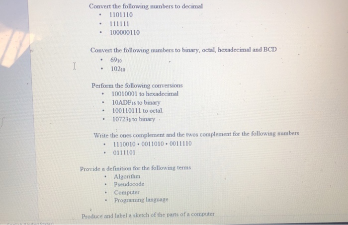 Solved Convert the following numbers to decimal 1101110 | Chegg.com