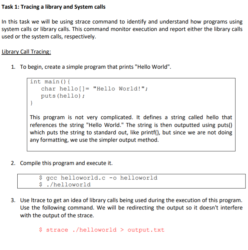 Solved Task 1: Tracing a library and System calls In this | Chegg.com