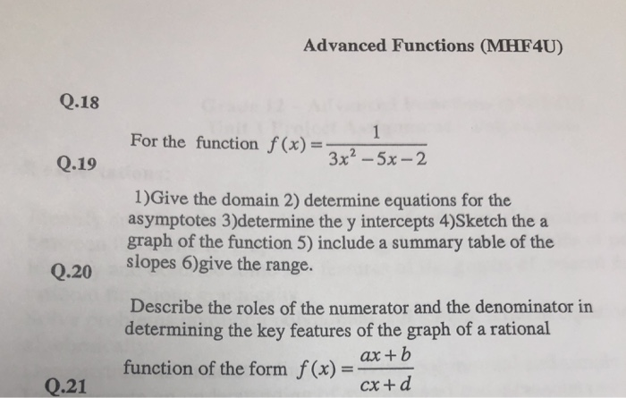 Solved Advanced Functions (MHF4U) Q.18 For the function | Chegg.com