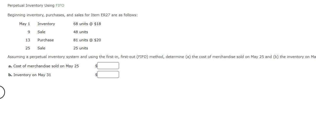 Solved Perpetual Inventory Using FIFO Beginning inventory, | Chegg.com