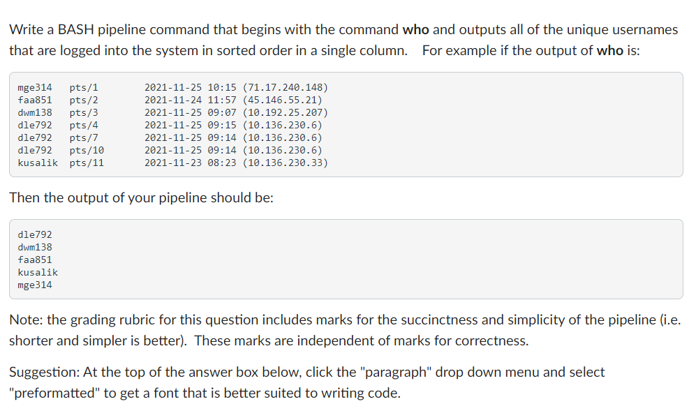 Solved Write A Bash Pipeline Command That Begins With The 