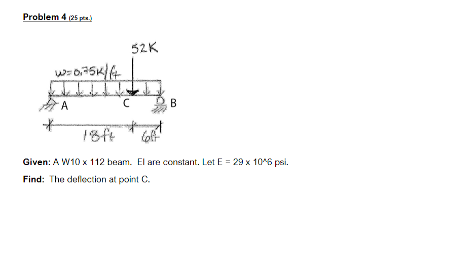Solved Problem 4 (25 pts.) 52K w=0,75k/A А. С B 18ft eff | Chegg.com