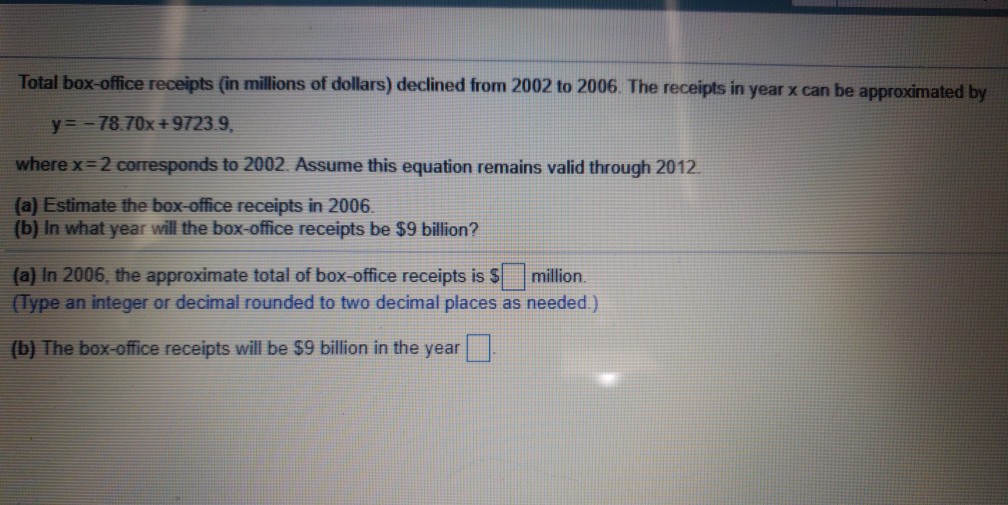 Solved Total box-office receipts (in millions of dollars) | Chegg.com