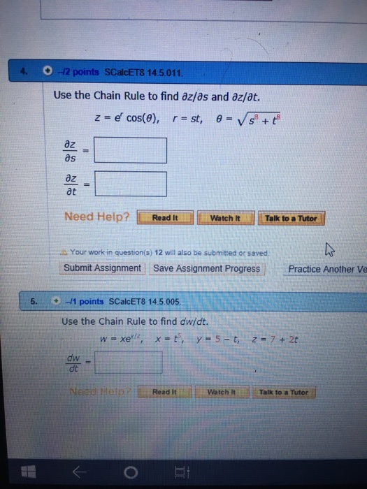 Solved 4. -2 points SCalcET8 14.5.011 Use the Chain Rule to | Chegg.com