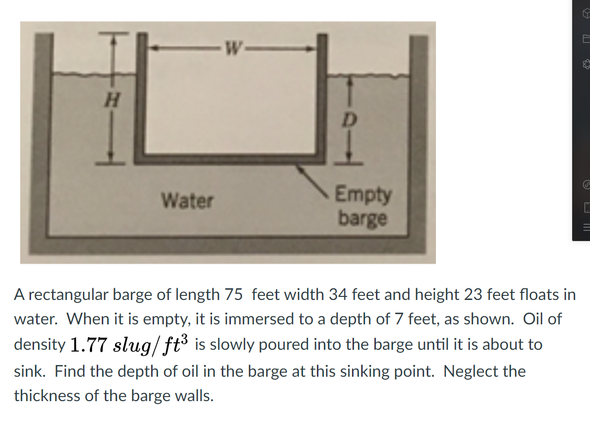 Solved W H D Water Empty barge A rectangular barge of length | Chegg.com