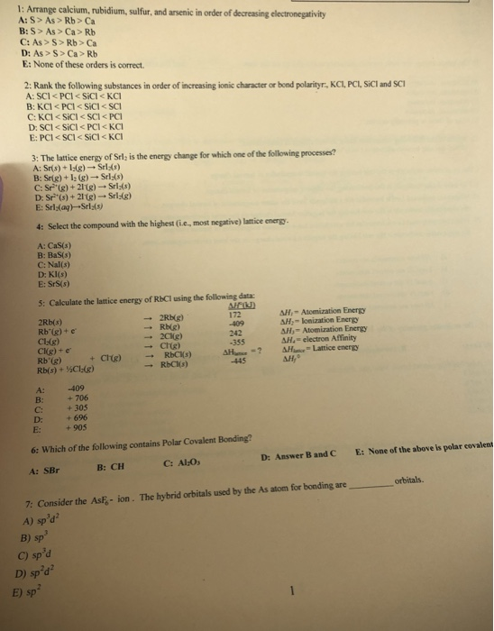 Solved 1: Arrange calcium, rubidium, sulfur, and arsenic in | Chegg.com