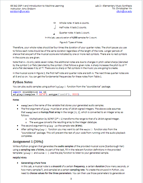 Task 1: Generating Musical Notes Background For this | Chegg.com