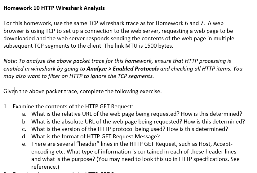 Homework 10 HTTP Wireshark Analysis For this | Chegg.com