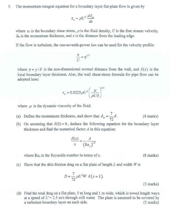 Solved 5. The momentum-integral equation for a boundary | Chegg.com
