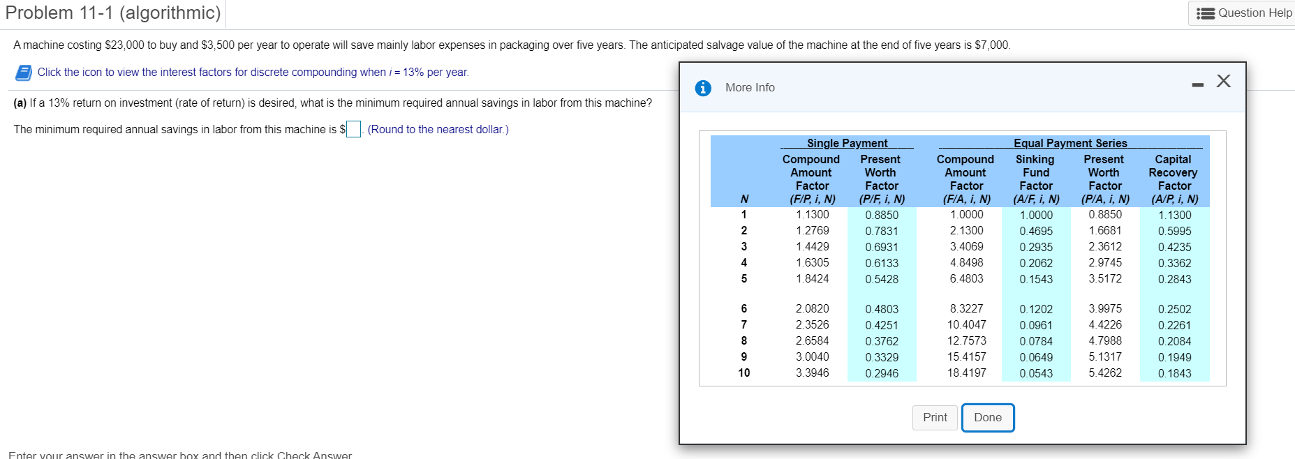 Solved Problem 11-1 (algorithmic) Question Help A machine | Chegg.com