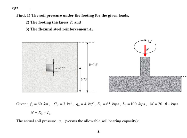 Solved Q12 Find, 1) The soil pressure under the footing for | Chegg.com