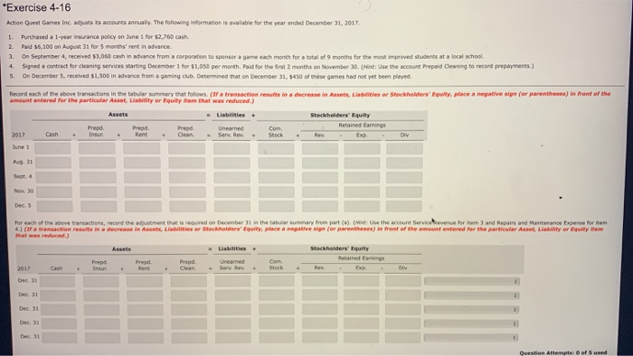 Solved CALCLATOR PRINTER VESION Exercise 4-16 Action Quest | Chegg.com