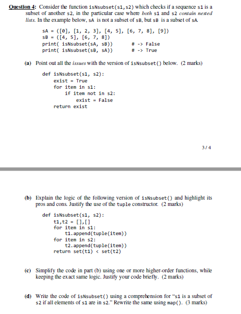 Solved Question 4: Consider the function is subset(s1, s2) | Chegg.com