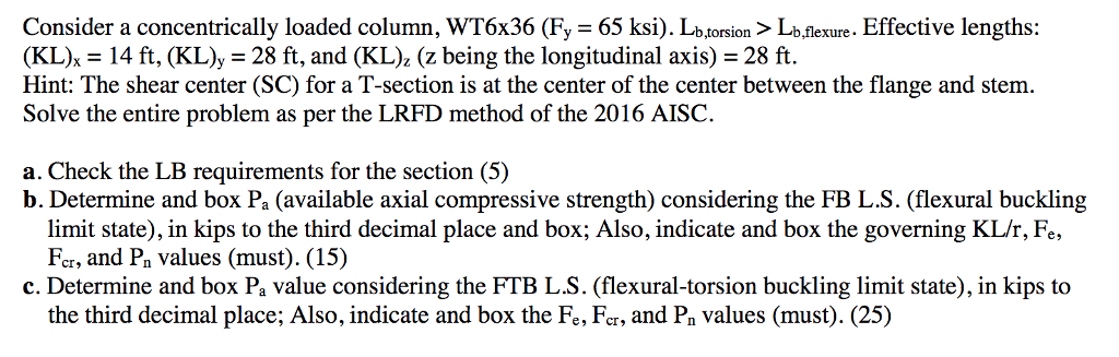 Solved Consider a concentrically loaded column, WT6x36 (Fy | Chegg.com