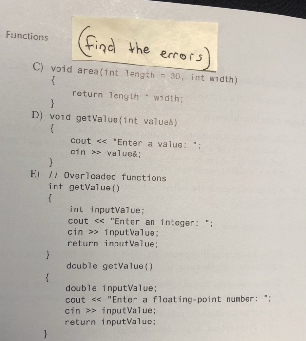 Solved Functionsid the errors C) void area(int length 30, | Chegg.com