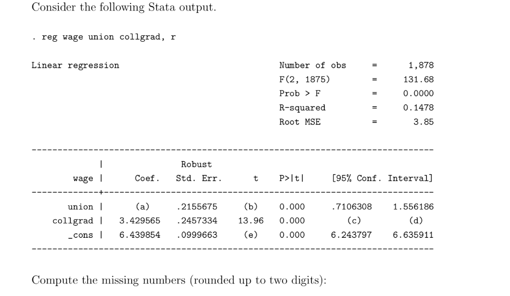Solved Consider the following Stata output. . reg wage union | Chegg.com