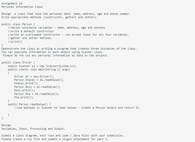 Solved Assignment 2a Personal Information Class Design a | Chegg.com