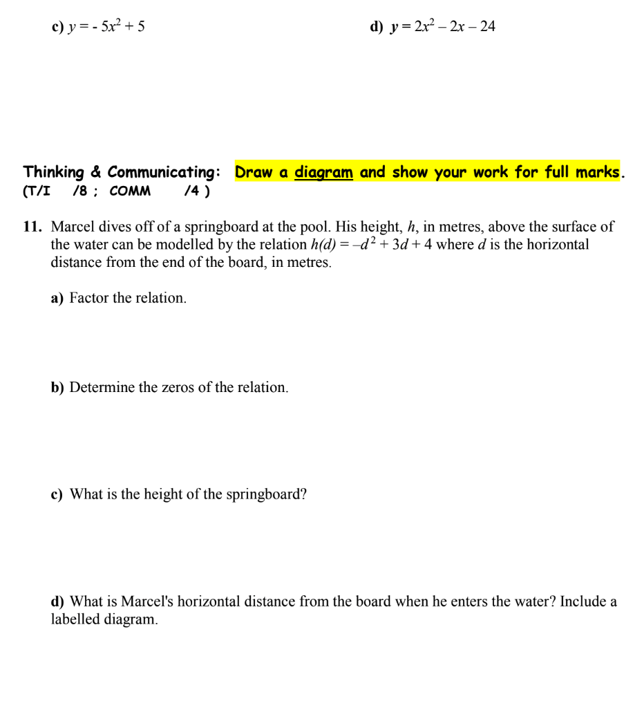 Solved c) y=−5x2+5 d) y=2x2−2x−24 Thinking \& Communicating: | Chegg.com