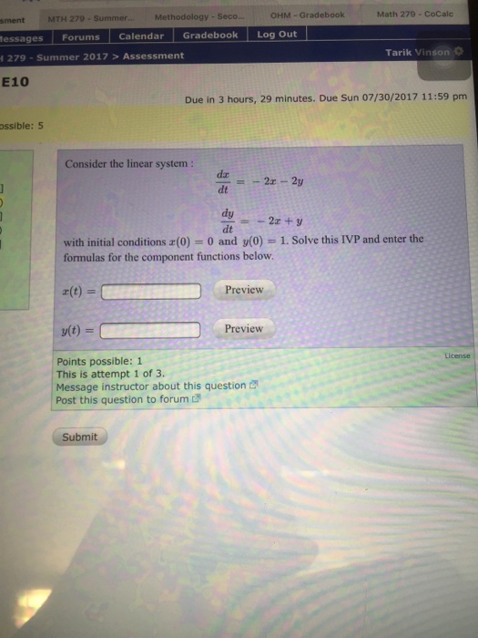 Solved Consider the linear system: dx/dt = -2x - 2y dy/dt | Chegg.com