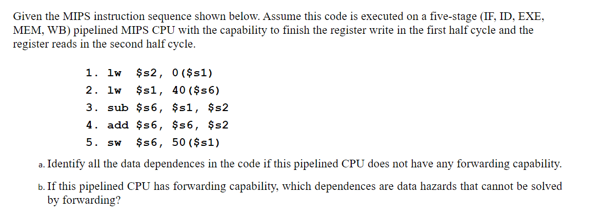 Solved Given the MIPS instruction sequence shown below. | Chegg.com