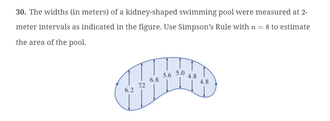 Solved 30. The widths (in meters) of a kidney-shaped | Chegg.com
