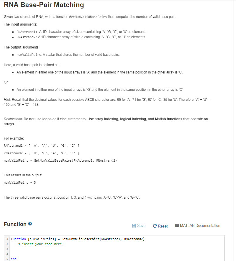 Solved RNA Base-Pair Matching Given two strands of RNA, | Chegg.com