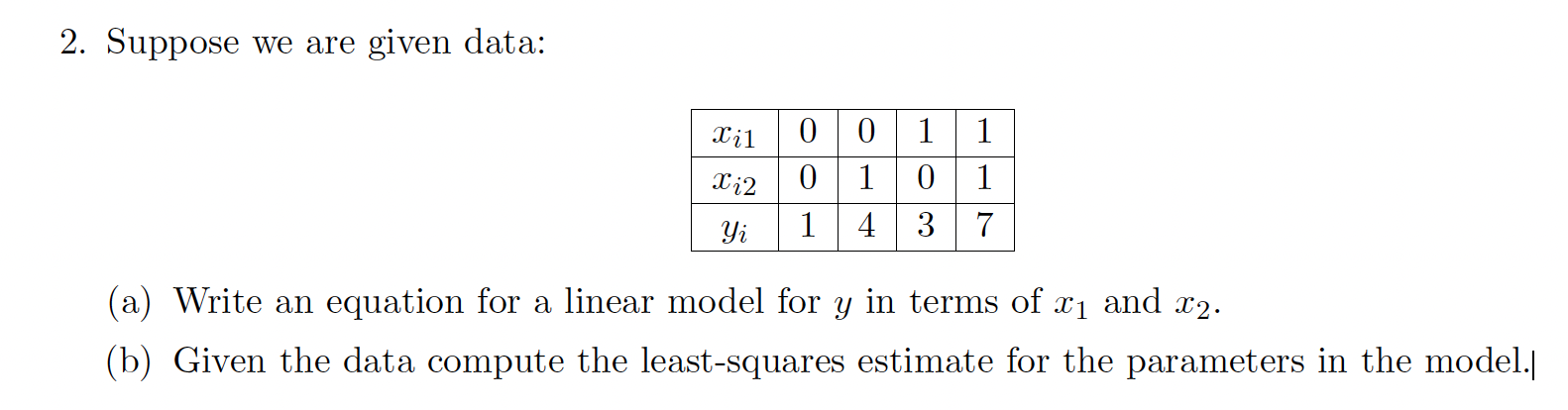 Solved 2. Suppose we are given data: Xi1 Xi2 0 0 1 1 0 1 0 1 | Chegg.com