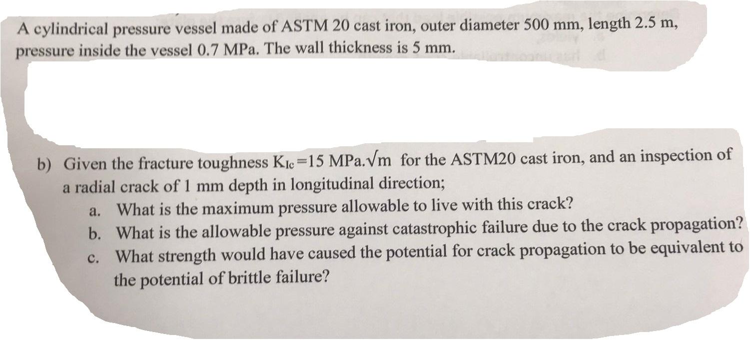Solved A cylindrical pressure vessel made of ASTM 20 cast | Chegg.com