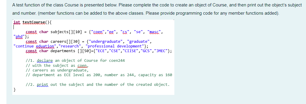 Solved A test function of the class Course is presented | Chegg.com