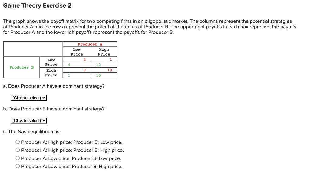 Solved Game Theory Exercise 1 The graph shows the payoff | Chegg.com