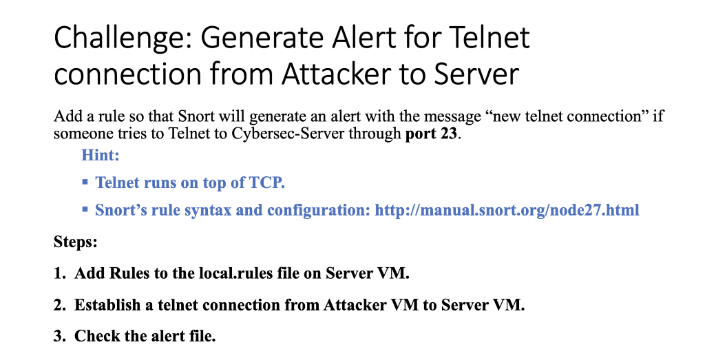 Solved Challenge: Generate Alert for Telnet connection from | Chegg.com