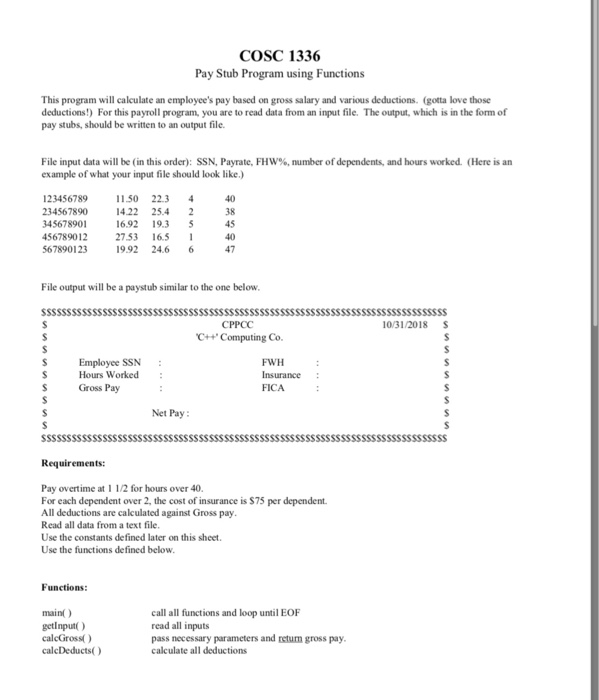 Solved COSC 1336 Pay Stub Program using Functions This | Chegg.com