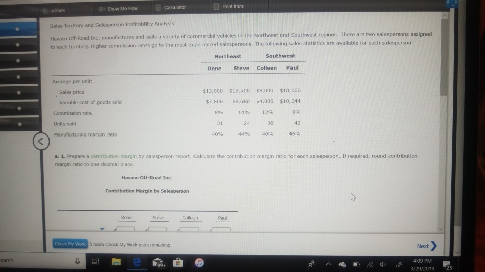 Solved a. 1. Prepare a contribution margin by salesperson | Chegg.com